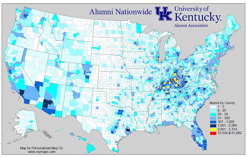 Moving your Mouse over a State reveals the Number of Alumni